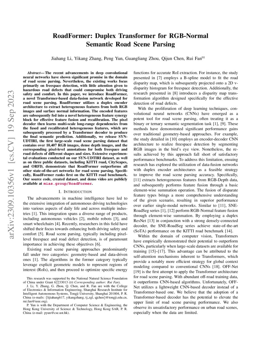 RoadFormer: Duplex Transformer for RGB-Normal Semantic Road Scene Parsing | DeepAI