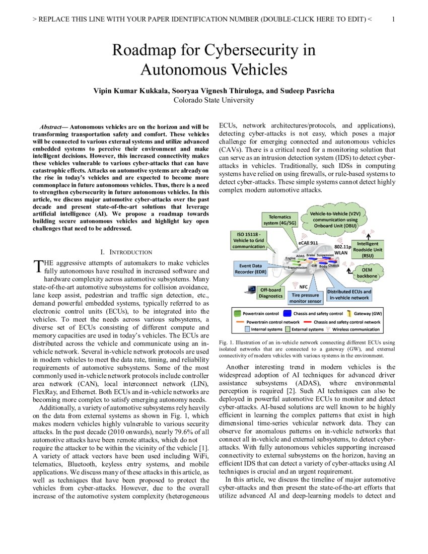 Roadmap for Cybersecurity in Autonomous Vehicles | DeepAI