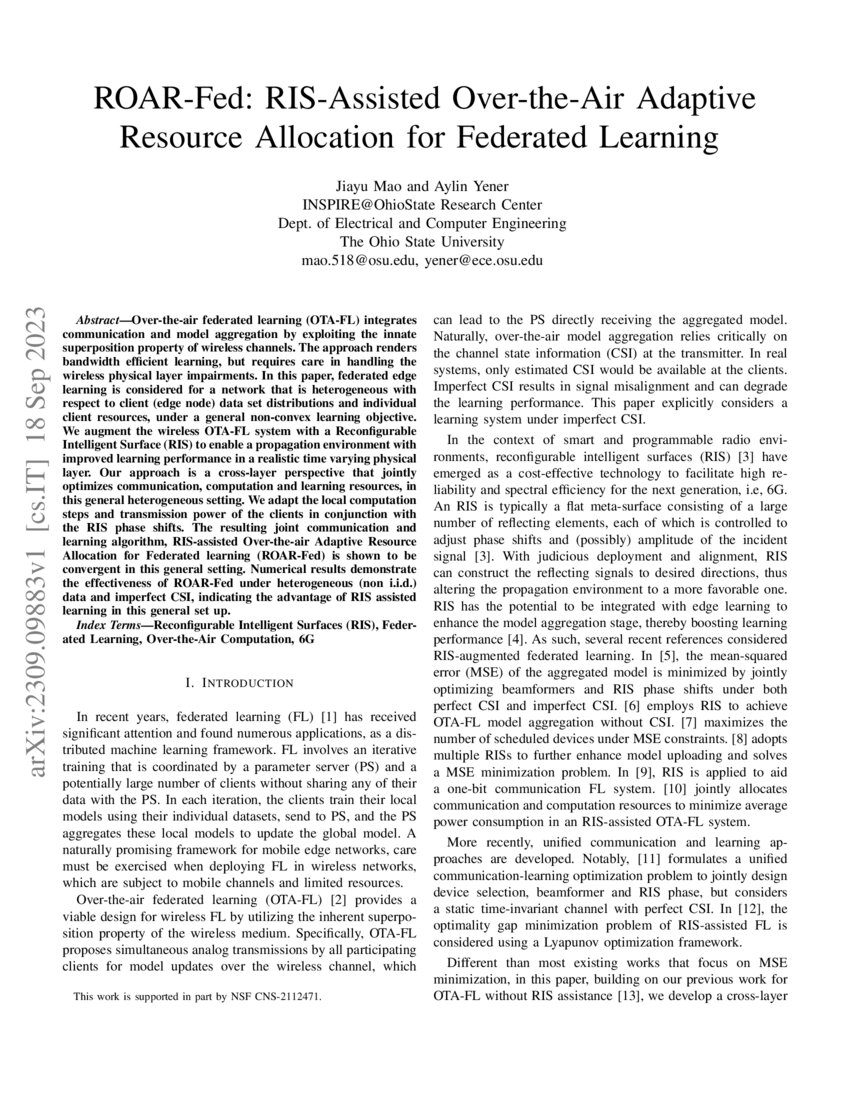 Roar Fed Ris Assisted Over The Air Adaptive Resource Allocation For Federated Learning Deepai