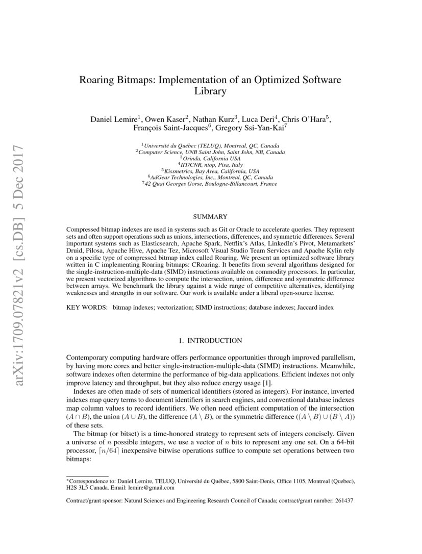 Roaring Bitmaps: Implementation of an Optimized Software Library | DeepAI