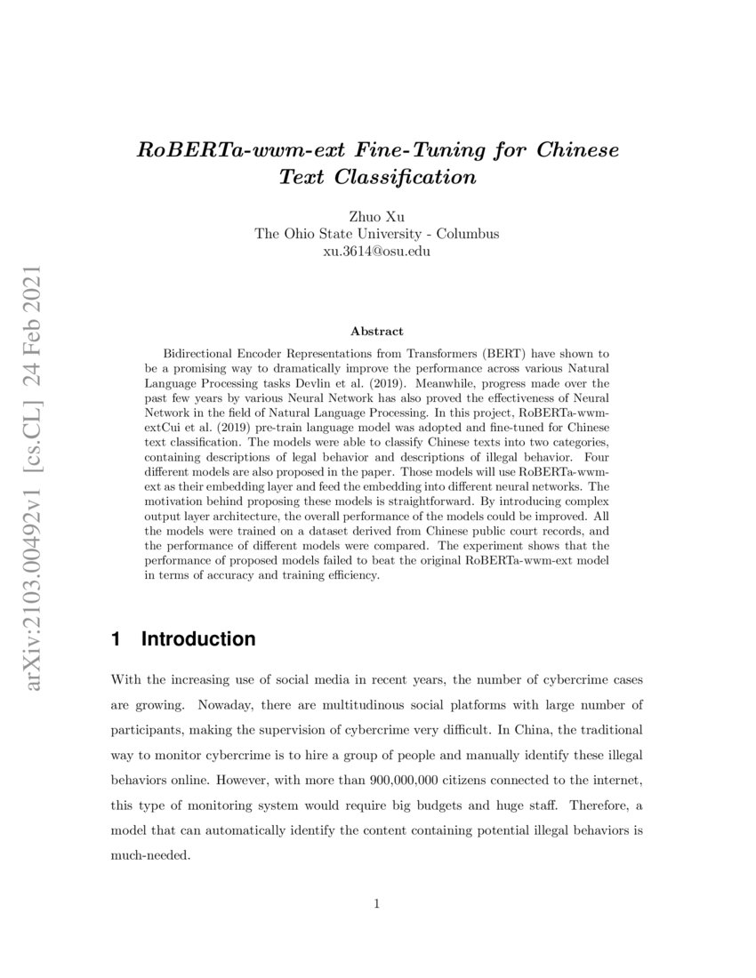RoBERTa-wwm-ext Fine-Tuning for Chinese Text Classification | DeepAI