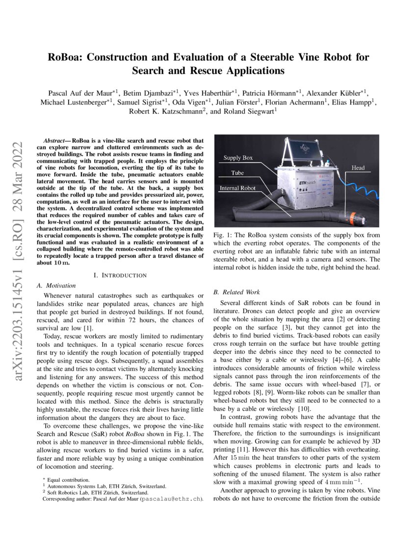 RoBoa: Construction and Evaluation of a Steerable Vine Robot for Search ...