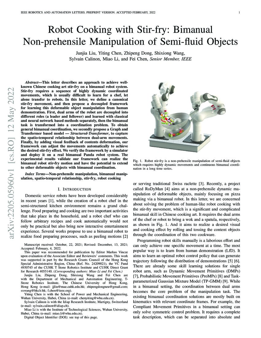 Robot Cooking With Stir Fry Bimanual Non Prehensile Manipulation Of Semi Fluid Objects Deepai