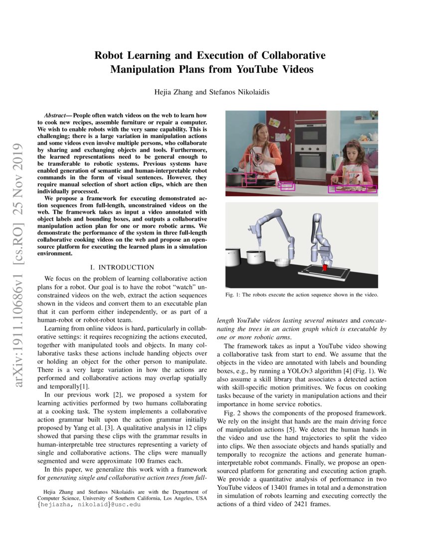 Robot Learning And Execution Of Collaborative Manipulation Plans From Youtube Videos Deepai