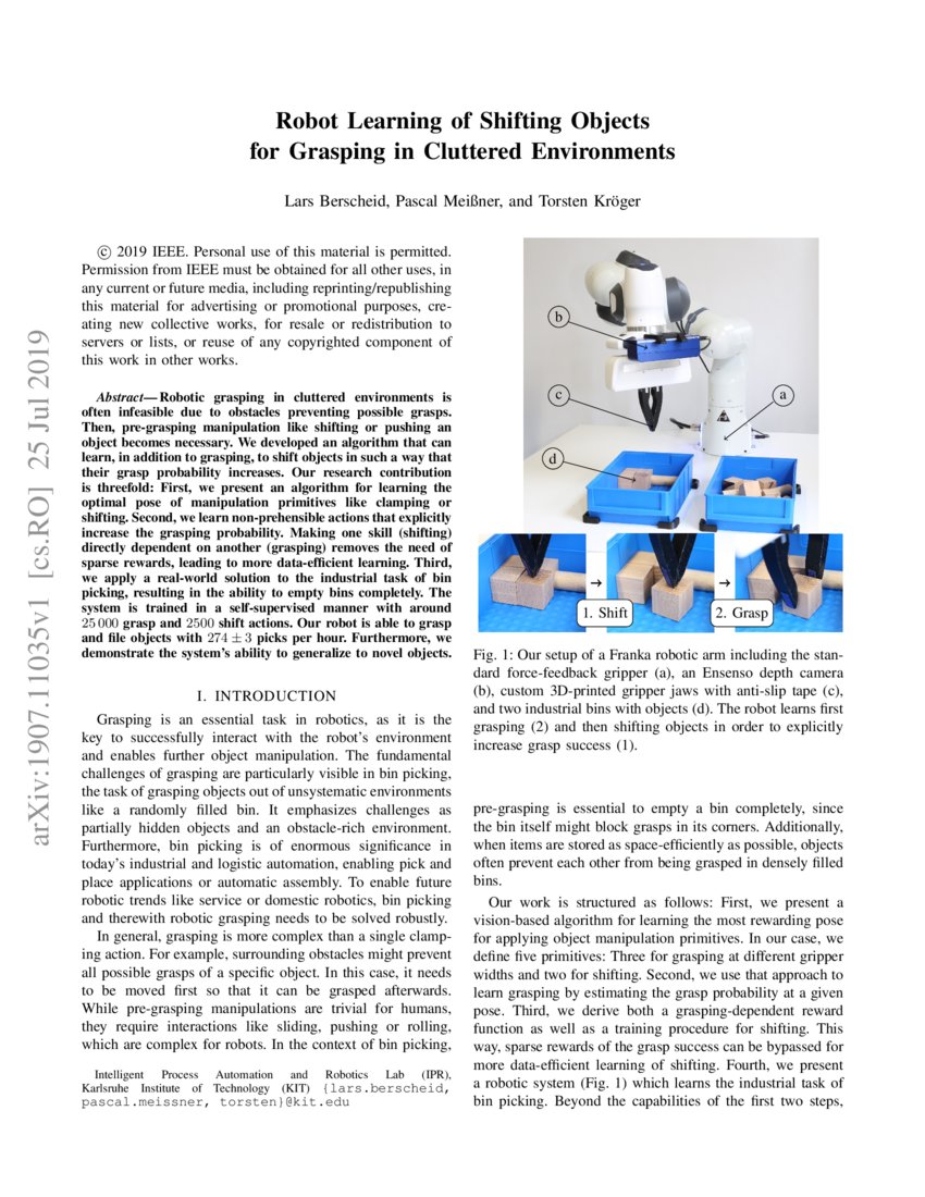 Robot Learning of Shifting Objects for Grasping in Cluttered Environments | DeepAI