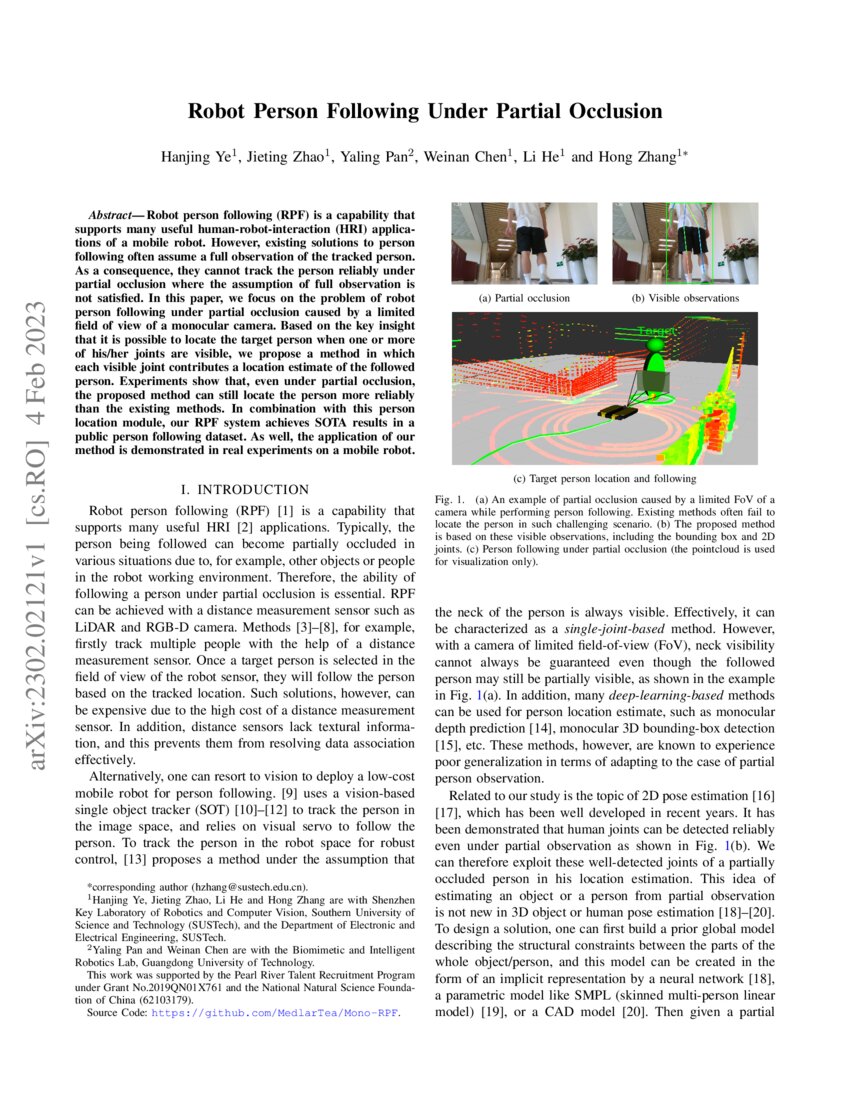 Robot Person Following Under Partial Occlusion | DeepAI
