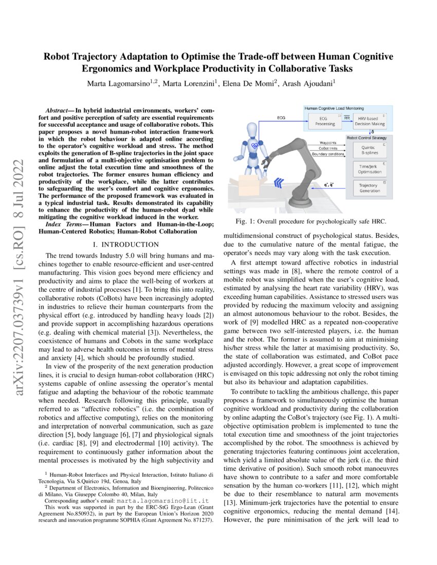 Robot Trajectory Adaptation To Optimise The Trade Off Between Human Cognitive Ergonomics And