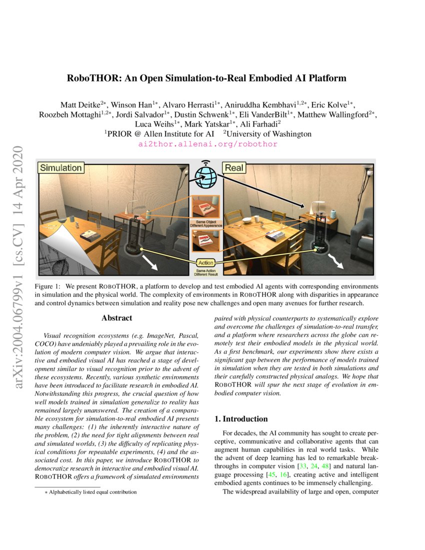 RoboTHOR: An Open Simulation-to-Real Embodied AI Platform | DeepAI