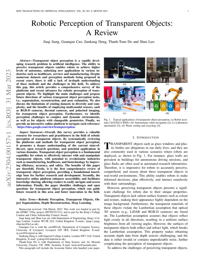 Robotic Perception of Transparent Objects: A Review | DeepAI
