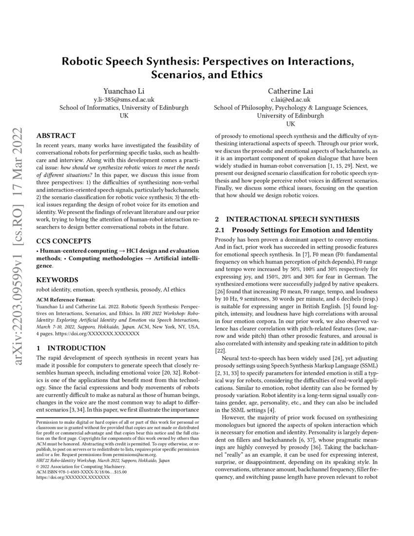 Robotic Speech Synthesis: Perspectives on Interactions, Scenarios, and ...