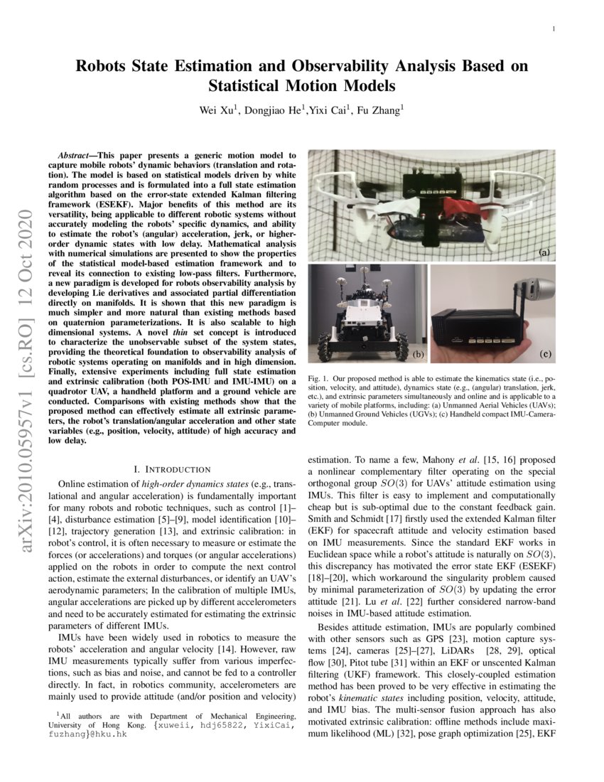 Robots State Estimation and Observability Analysis Based on Statistical Motion Models | DeepAI