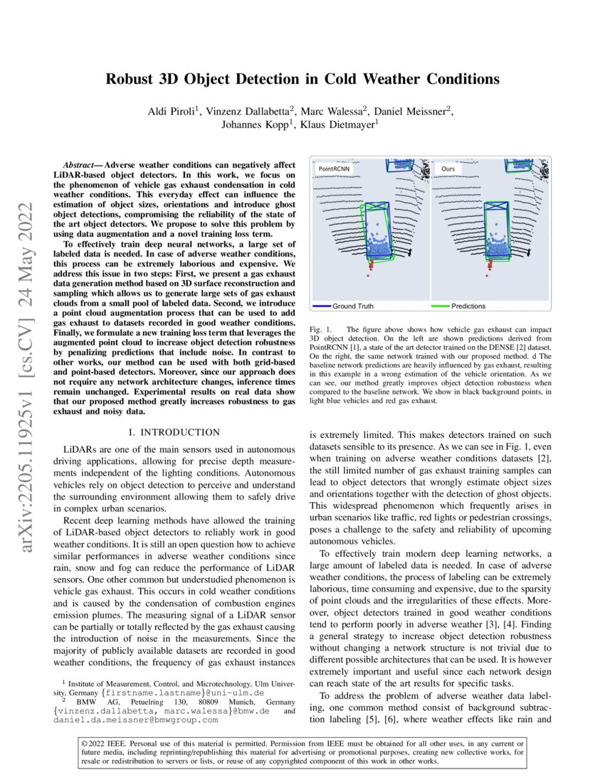 Robust 3d Object Detection In Cold Weather Conditions Deepai