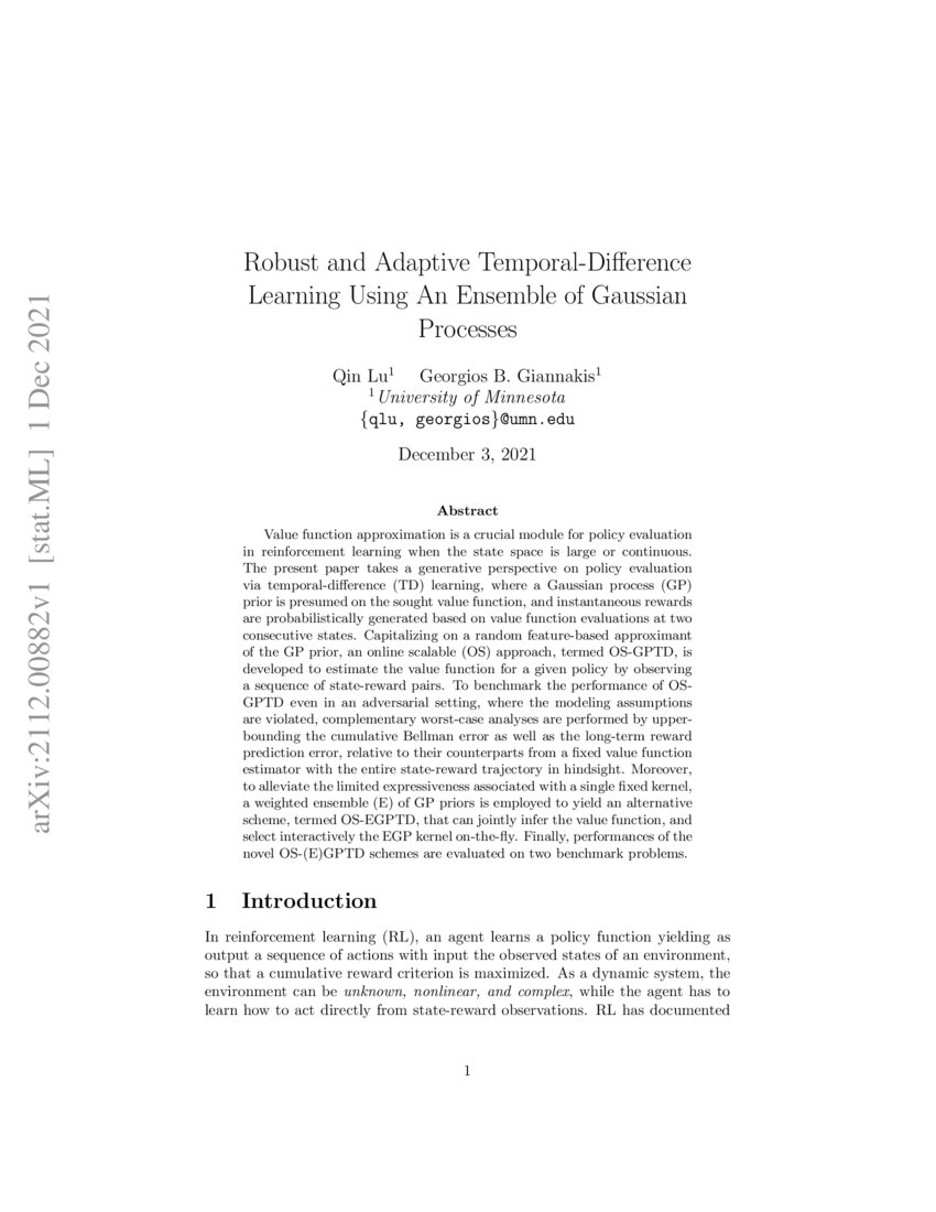 Robust and Adaptive Temporal-Difference Learning Using An Ensemble of Gaussian Processes | DeepAI