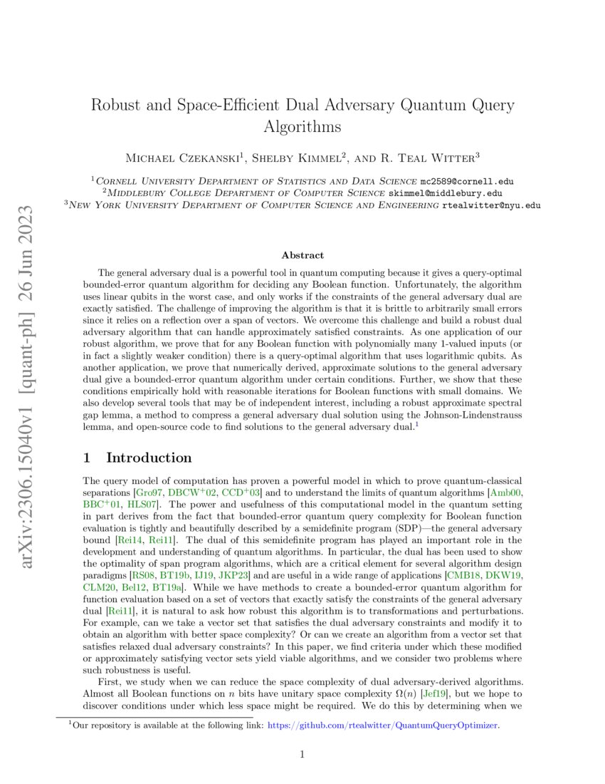 Robust And Space Efficient Dual Adversary Quantum Query Algorithms Deepai
