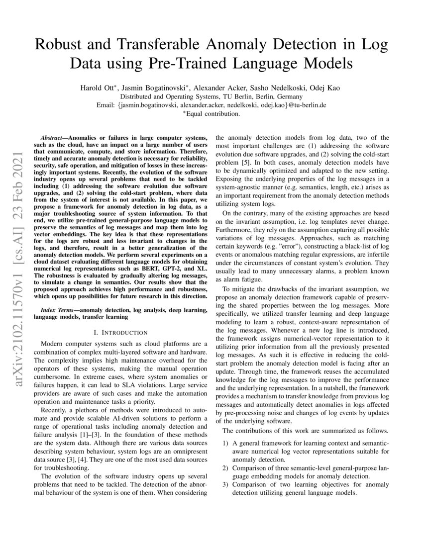 Robust And Transferable Anomaly Detection In Log Data Using Pre Trained Language Models Deepai