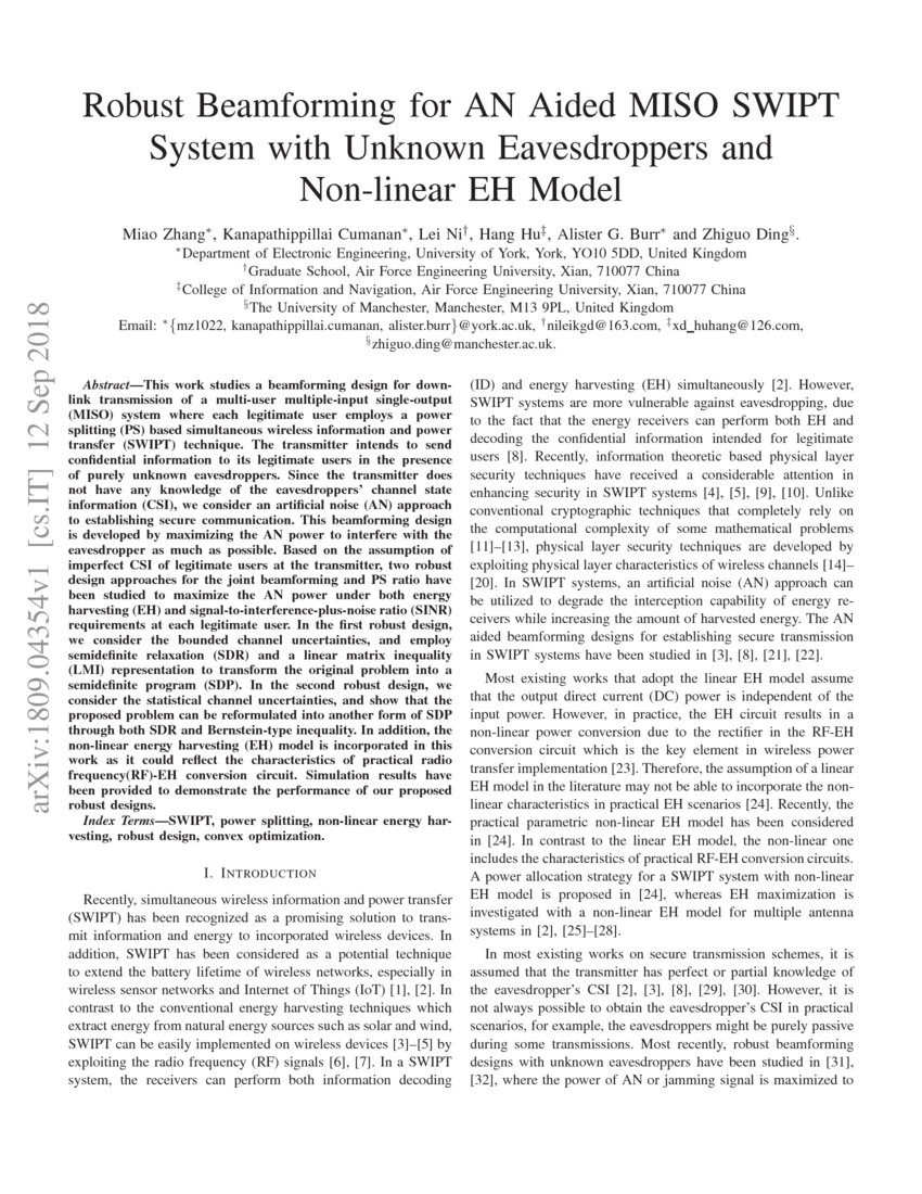 Robust Beamforming for AN Aided MISO SWIPT System with Unknown Eavesdroppers and Non-linear EH ...