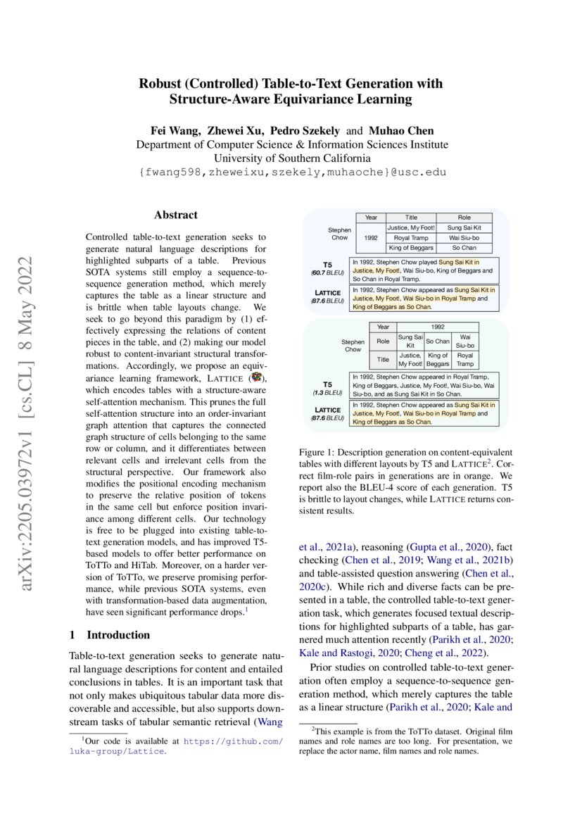 Robust (Controlled) Table-to-Text Generation with Structure-Aware Equivariance Learning | DeepAI