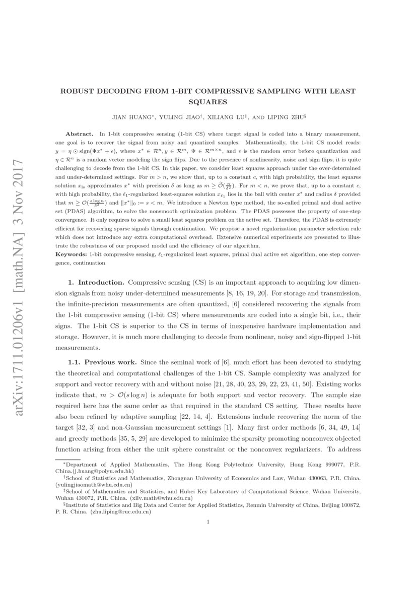 Robust Decoding from 1-Bit Compressive Sampling with Least Squares | DeepAI