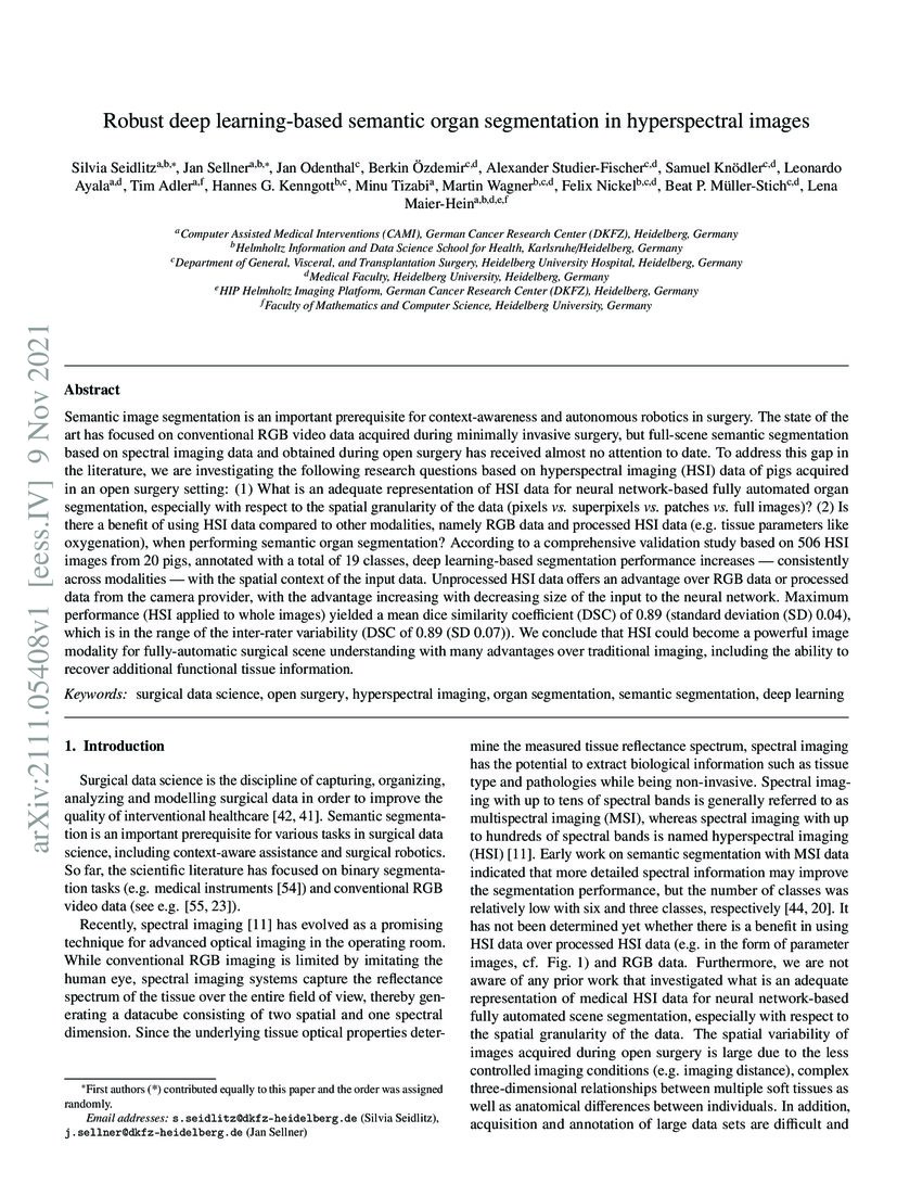 Robust deep learning-based semantic organ segmentation in hyperspectral images | DeepAI