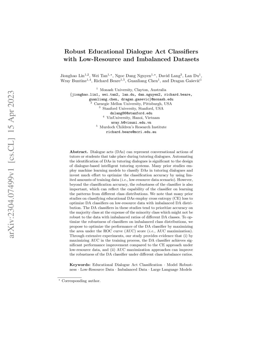Robust Educational Dialogue Act Classifiers With Low Resource And Imbalanced Datasets Deepai