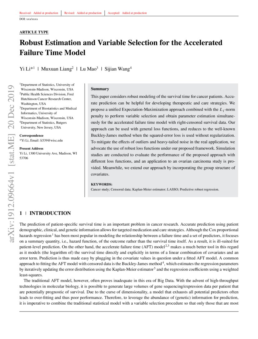 Robust Estimation and Variable Selection for the Accelerated Failure Time Model | DeepAI