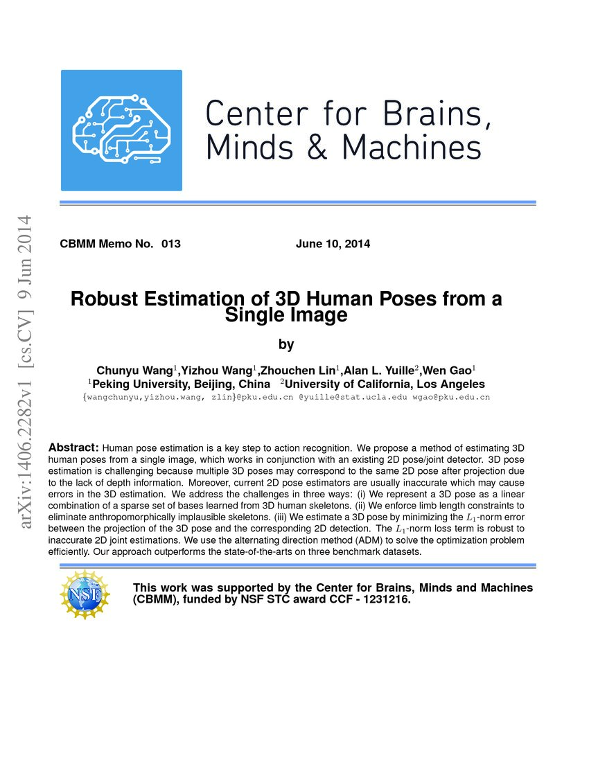 Robust Estimation of 3D Human Poses from a Single Image | DeepAI