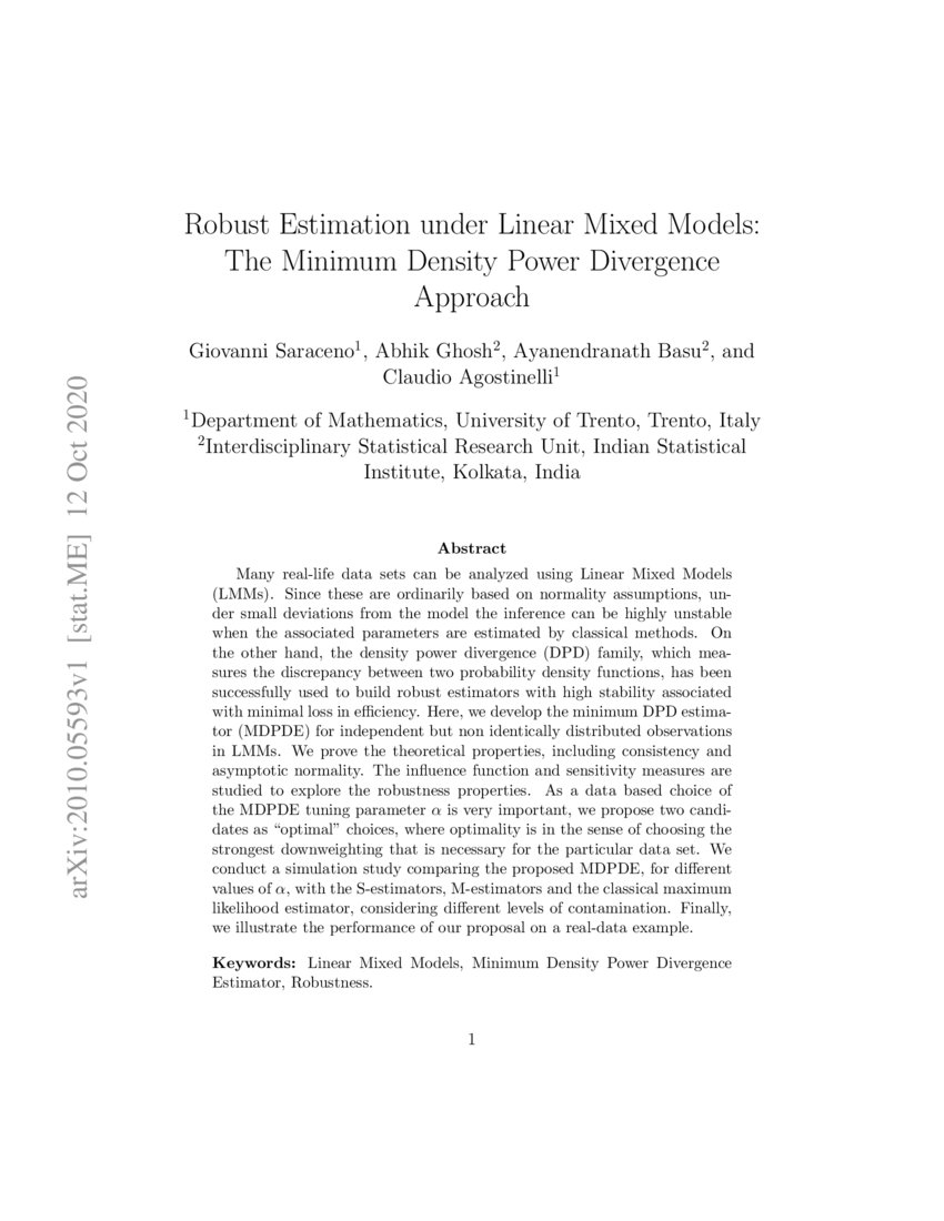 Robust Estimation Under Linear Mixed Models The Minimum Density Power