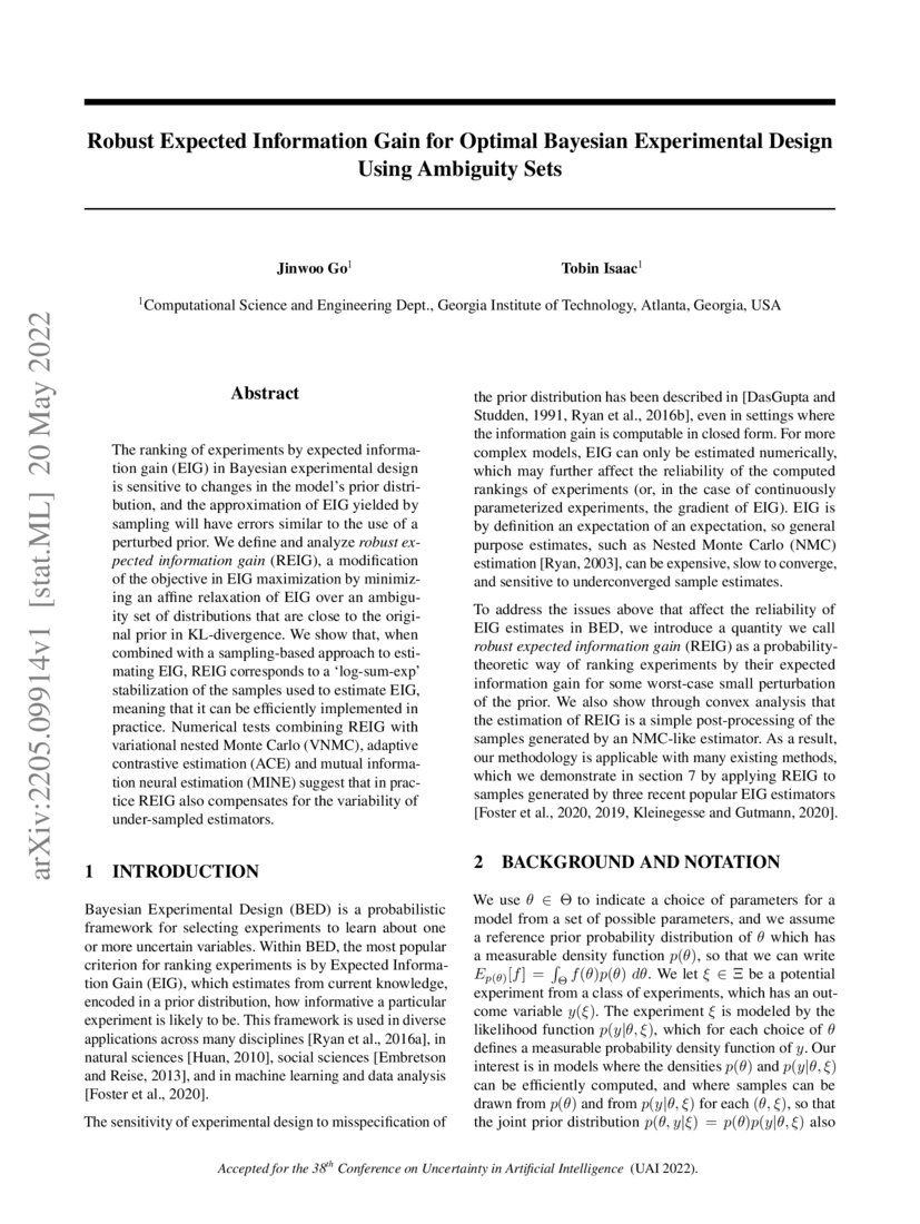Robust Expected Information Gain for Optimal Bayesian Experimental Design Using Ambiguity Sets ...