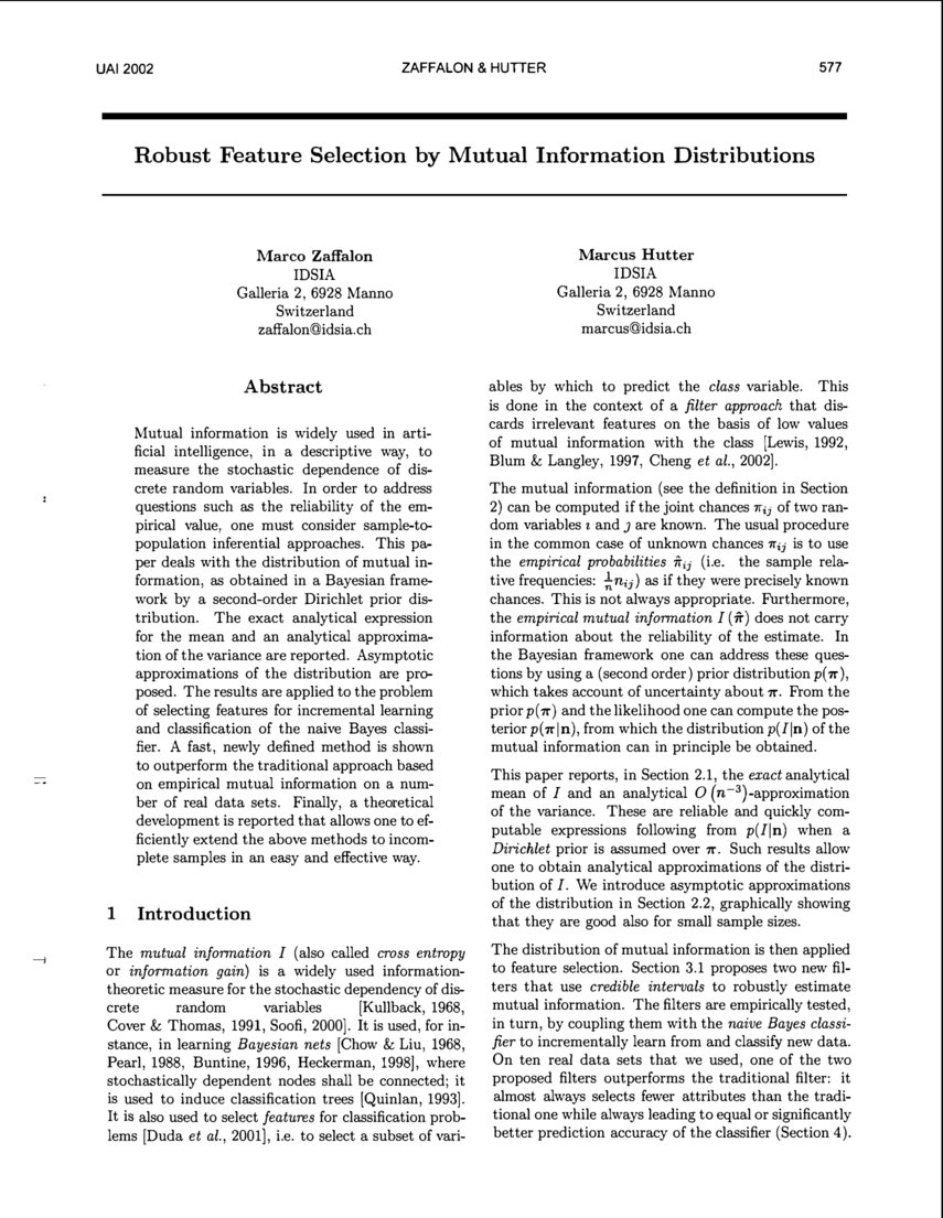 Robust Feature Selection by Mutual Information Distributions | DeepAI