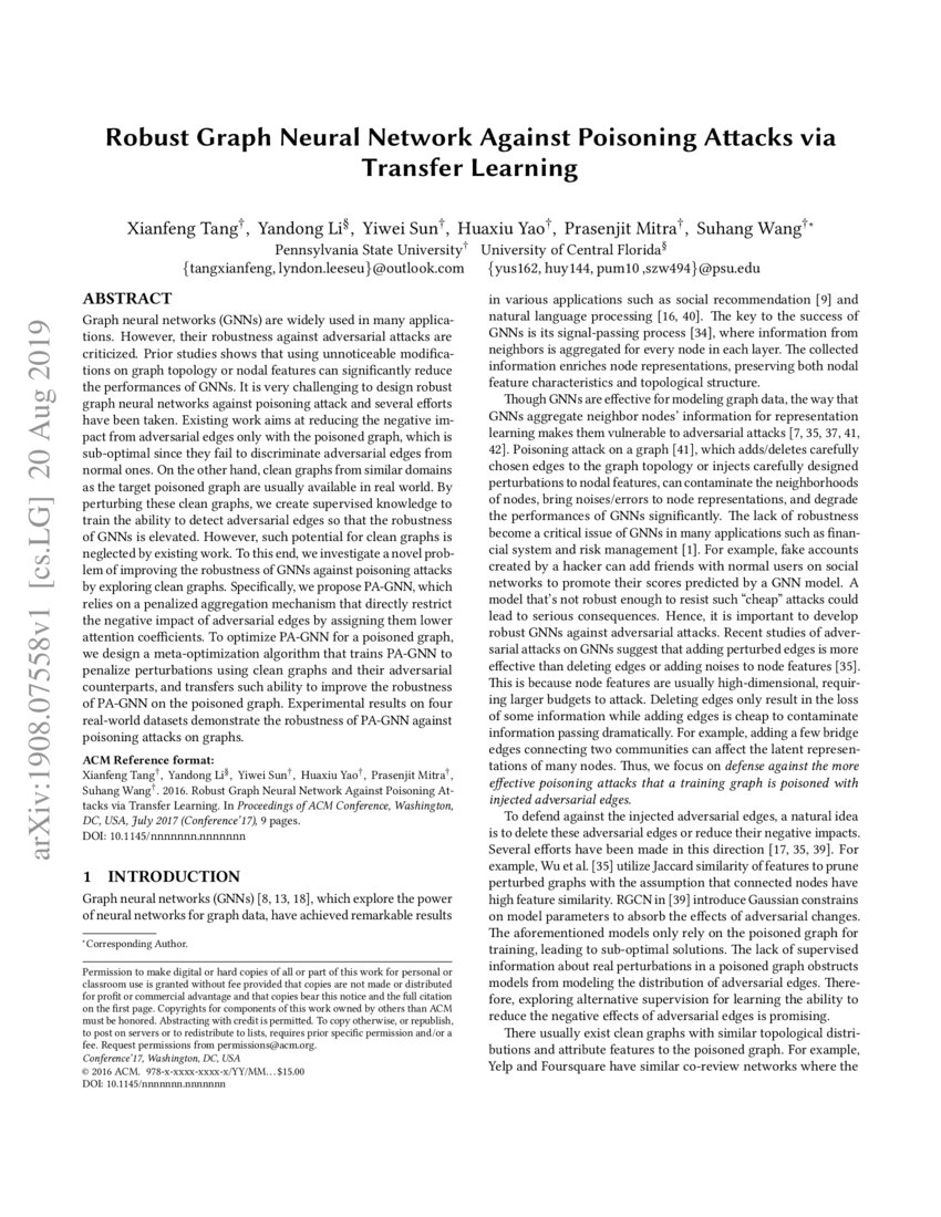 Robust Graph Neural Network Against Poisoning Attacks via Transfer Learning | DeepAI