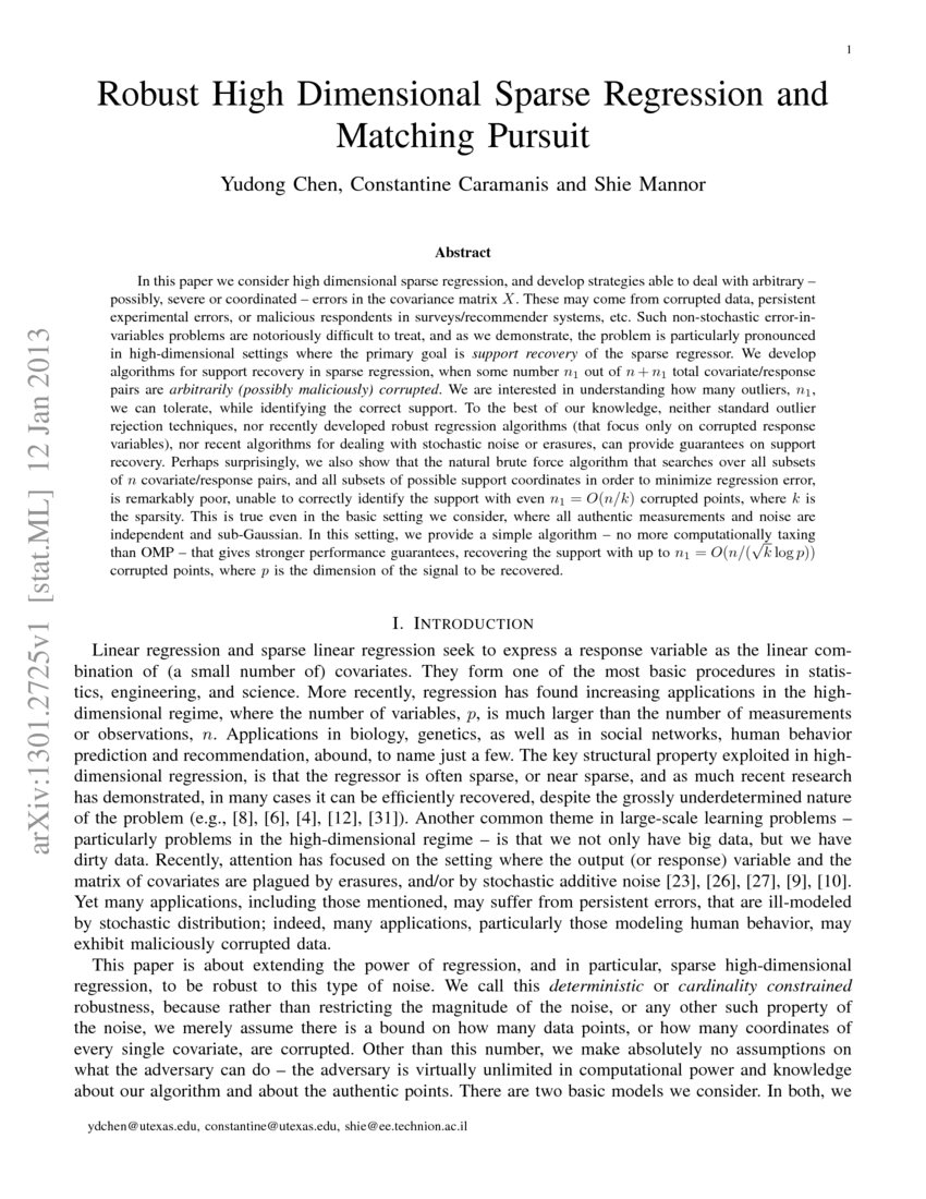 Robust High Dimensional Sparse Regression And Matching Pursuit Deepai 