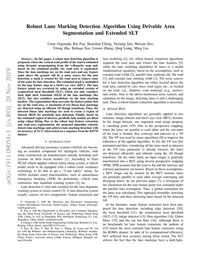 Robust Lane Marking Detection Algorithm Using Drivable Area Segmentation And Extended Slt Deepai