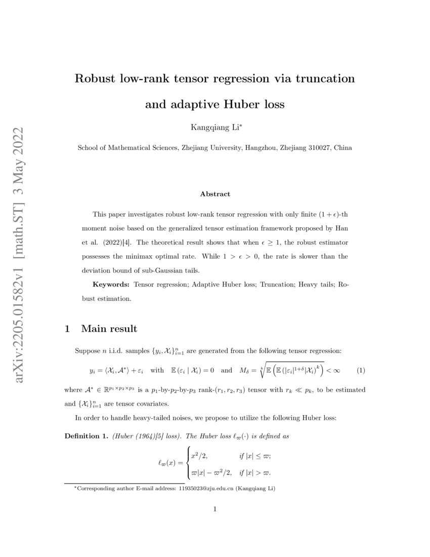 Robust low-rank tensor regression via truncation and adaptive Huber loss | DeepAI