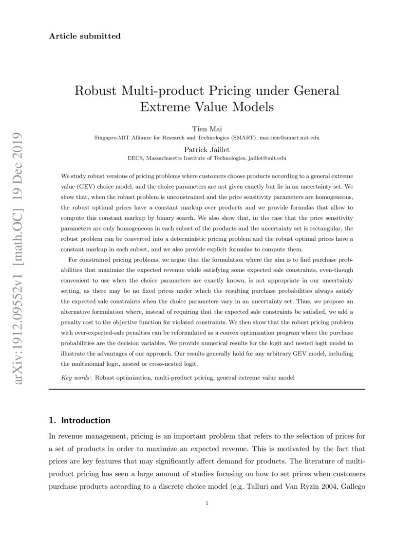 Robust Multi-product Pricing under General Extreme Value Models | DeepAI
