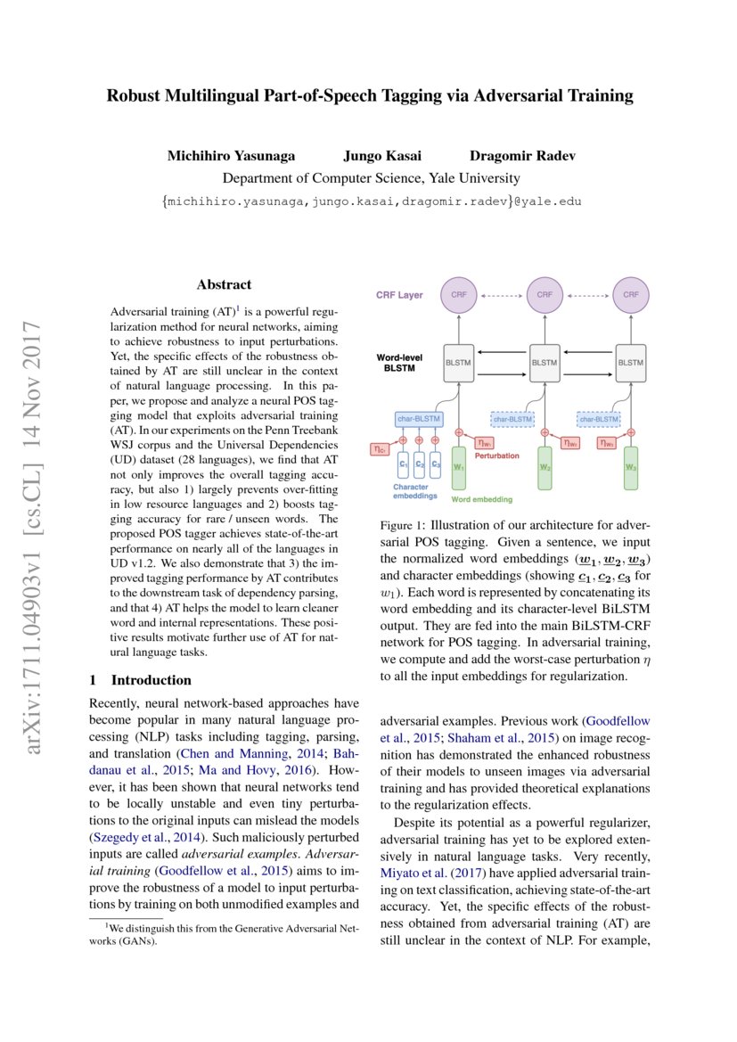 Robust Multilingual Part-of-Speech Tagging via Adversarial Training | DeepAI