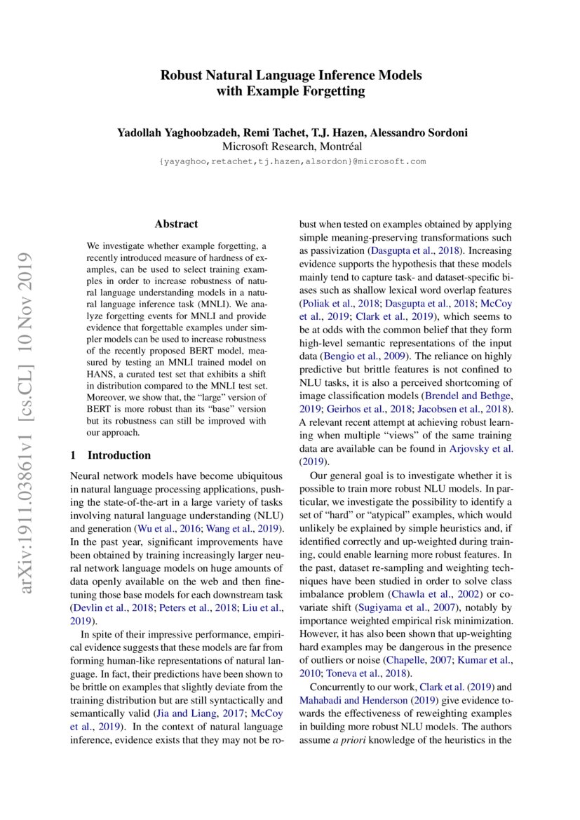 Robust Natural Language Inference Models with Example Forgetting | DeepAI