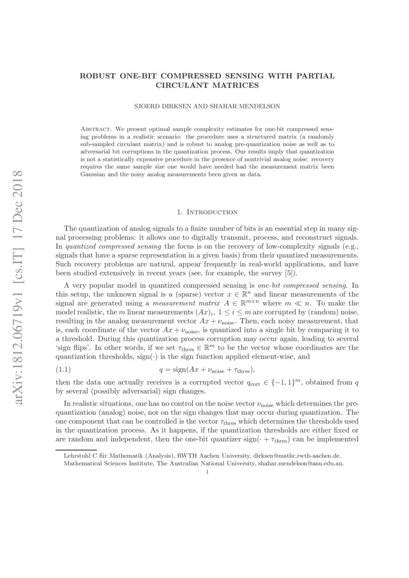 Robust One Bit Compressed Sensing With Partial Circulant Matrices Deepai
