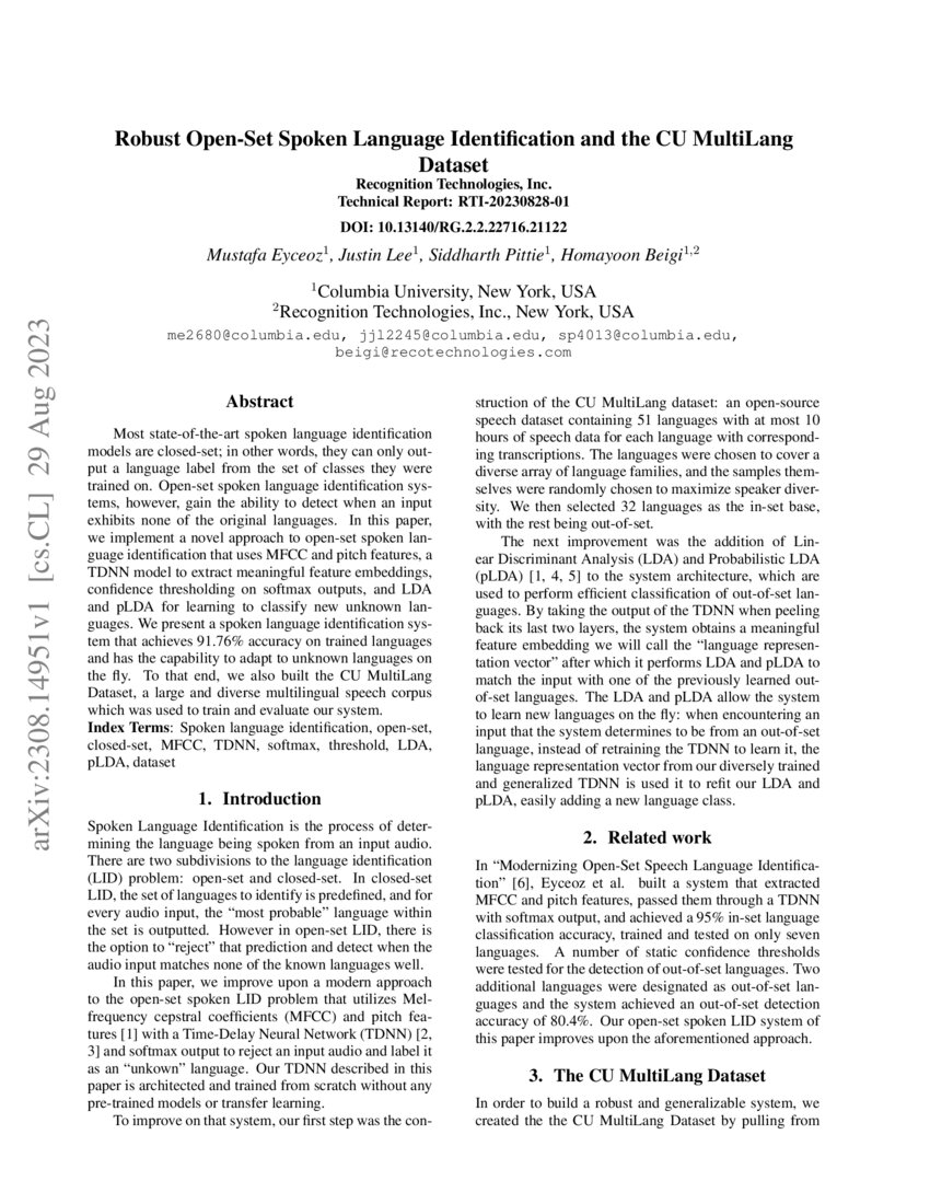 Robust Open-Set Spoken Language Identification and the CU MultiLang Dataset | DeepAI
