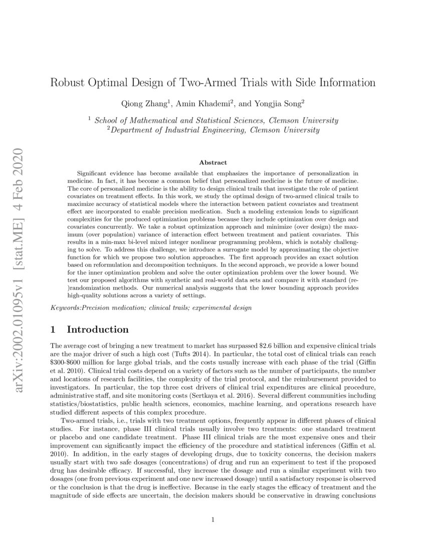 Robust Optimal Design of Two-Armed Trials with Side Information | DeepAI