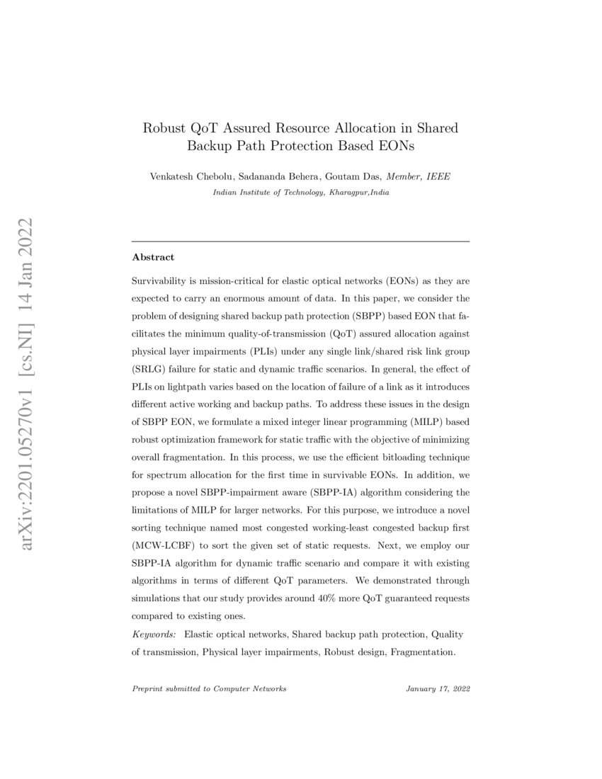 Robust QoT Assured Resource Allocation in Shared Backup Path Protection Based EONs | DeepAI