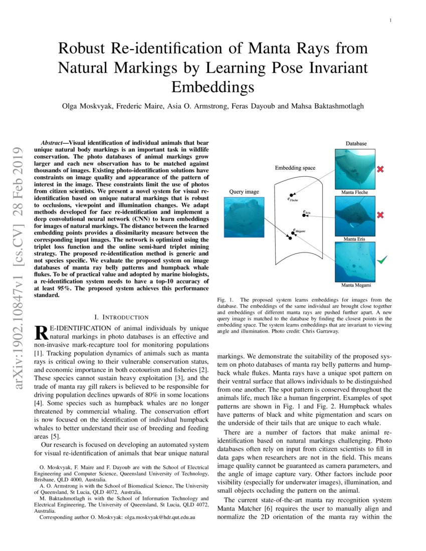 Robust Re-identification of Manta Rays from Natural Markings by Learning Pose Invariant ...