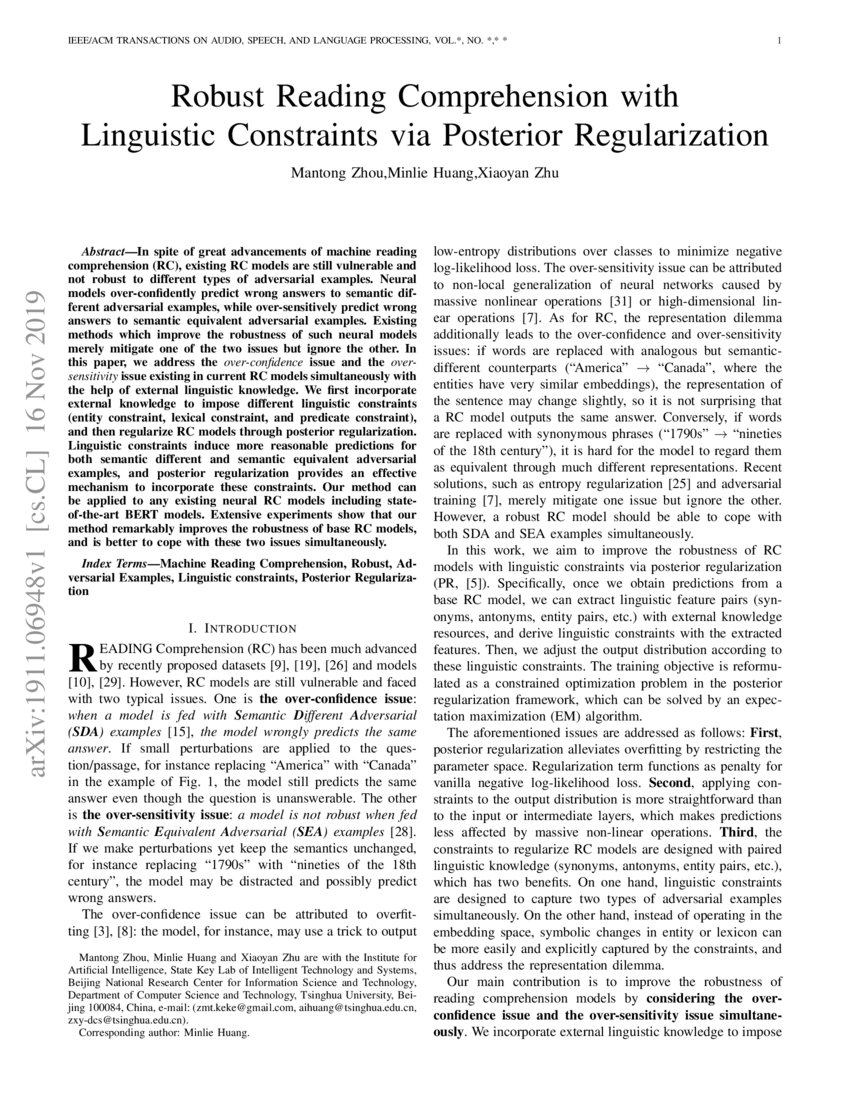 Robust Reading Comprehension with Linguistic Constraints via Posterior Regularization | DeepAI