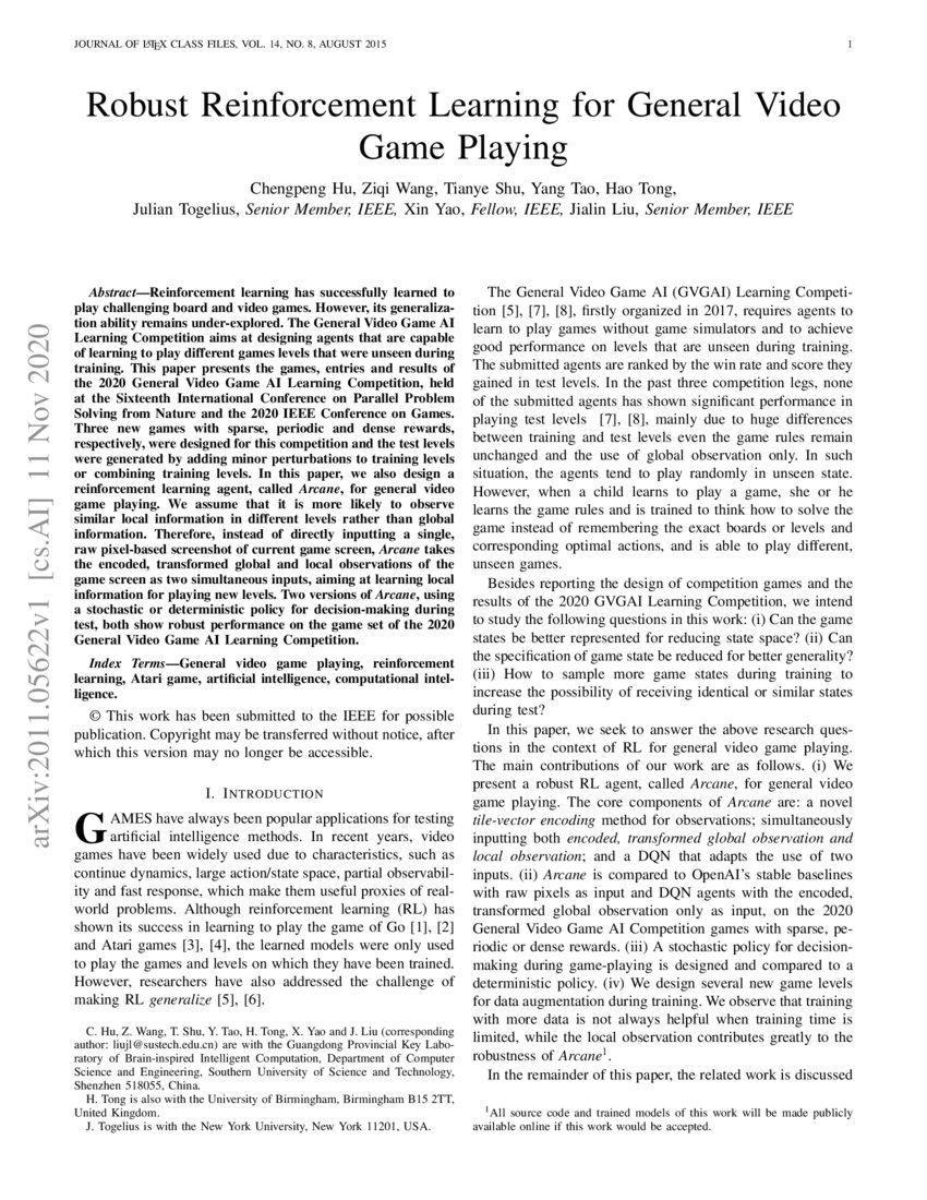 Robust Reinforcement Learning for General Video Game Playing | DeepAI