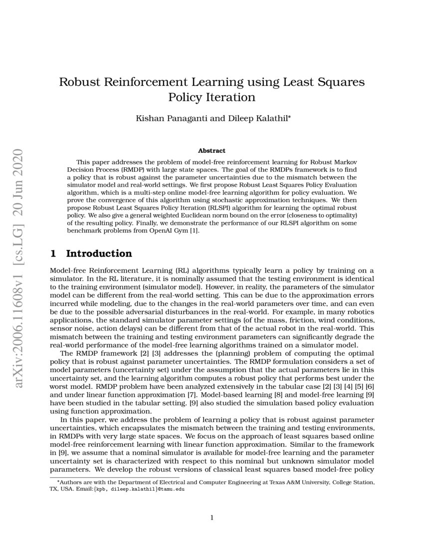 Robust Reinforcement Learning Using Least Squares Policy Iteration Deepai 7889