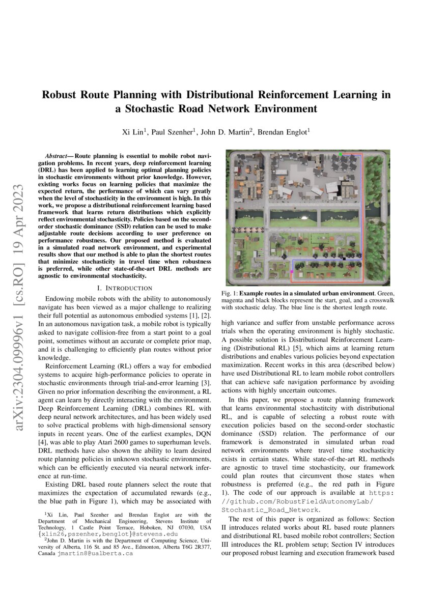 Robust Route Planning With Distributional Reinforcement Learning In A