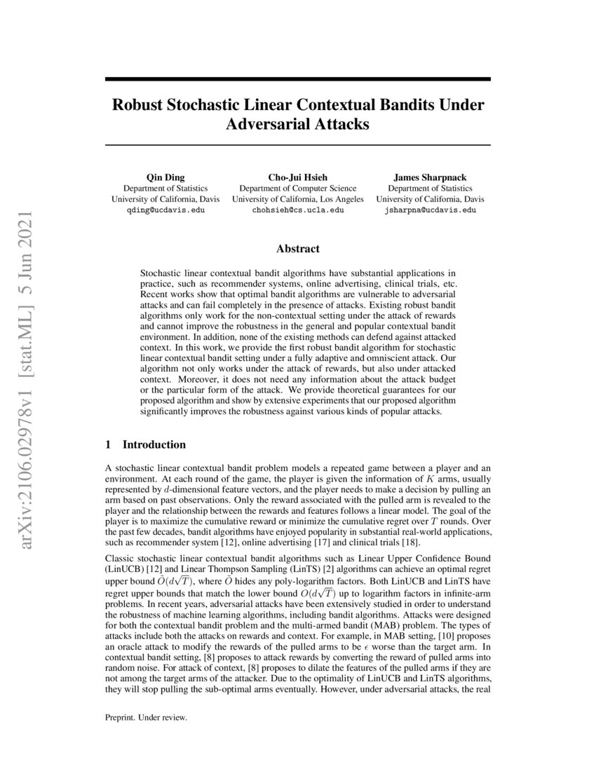 Robust Stochastic Linear Contextual Bandits Under Adversarial Attacks Deepai 8426