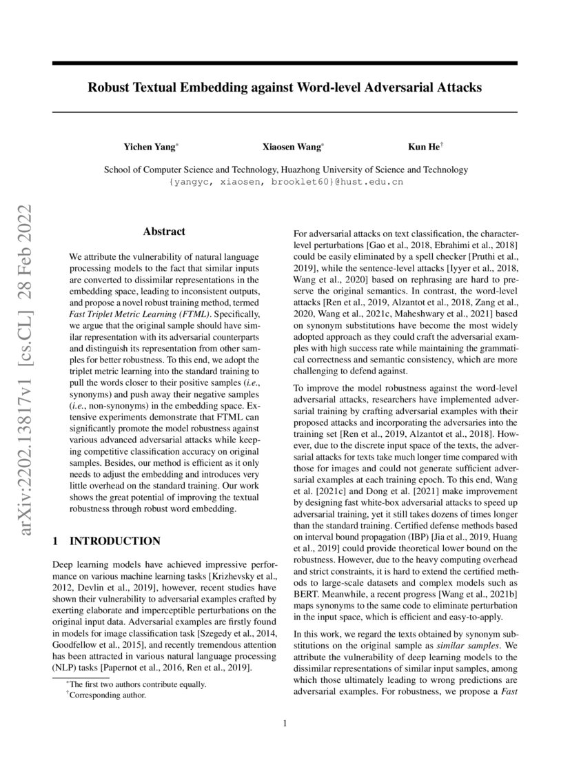 Robust Textual Embedding Against Word Level Adversarial Attacks Deepai 