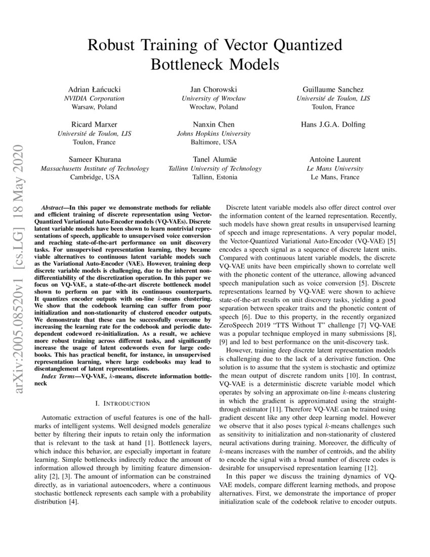 Robust Training of Vector Quantized Bottleneck Models | DeepAI Robust Training of Vector Quantized Bottleneck Models | DeepAI