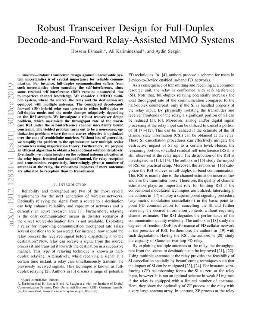 Robust Transceiver Design for Full-Duplex Decode-and-Forward Relay-Assisted MIMO Systems | DeepAI