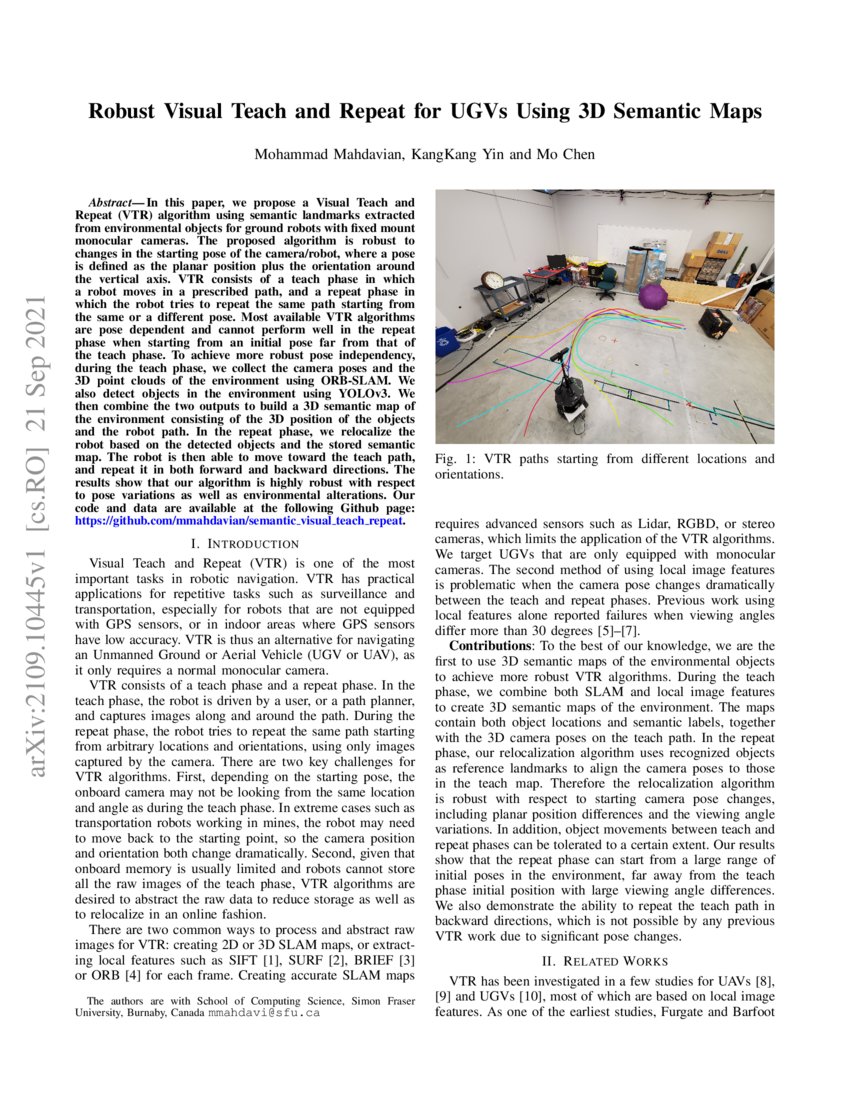 Robust Visual Teach and Repeat for UGVs Using 3D Semantic Maps | DeepAI